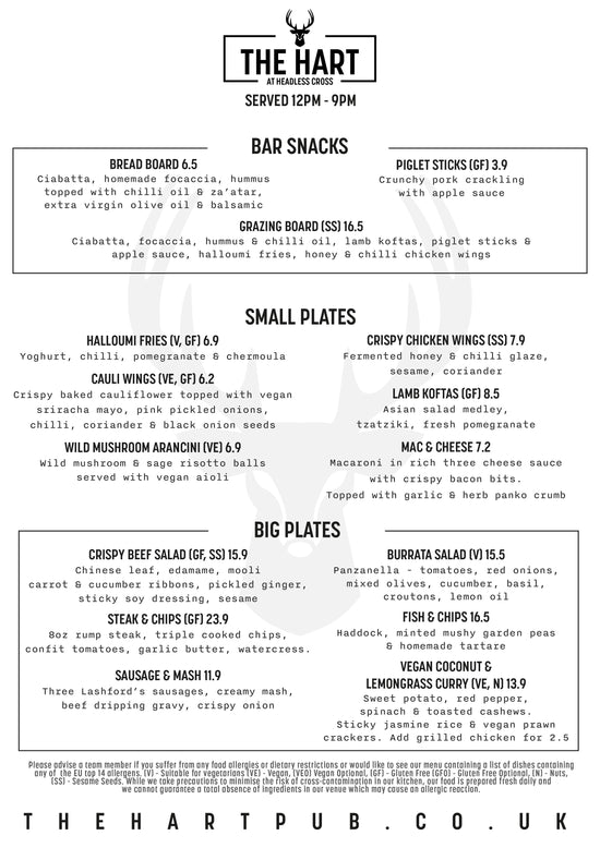 FOOD MENUS – The Hart Pub