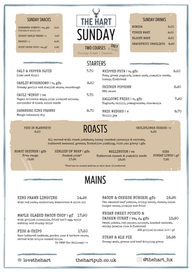 FOOD MENUS – The Hart Pub